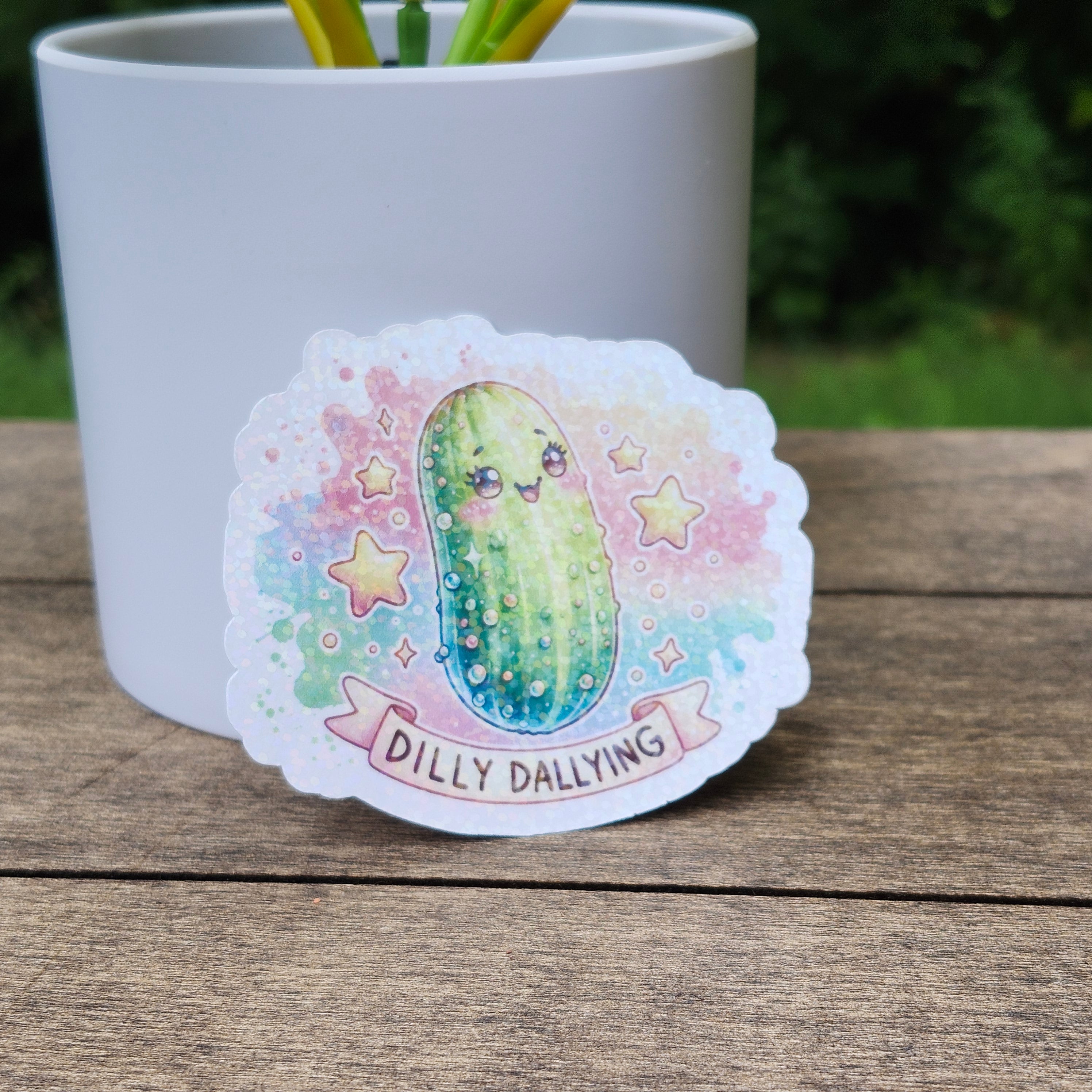 🥒 Dilly Dallying – Holographic Pickle Sticker – The Owlchemy Nest